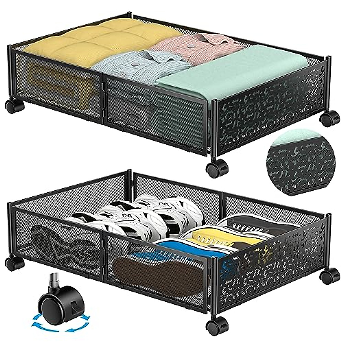 IVMAIE 2 Pack Metal Under Bed Storage with Wheels, Foldable Underbed Shoe Storage Organizer Containers, Tool-Free Assembly Under Bed Rolling Storage Drawer Cart for Bedroom, Clothes, Toys