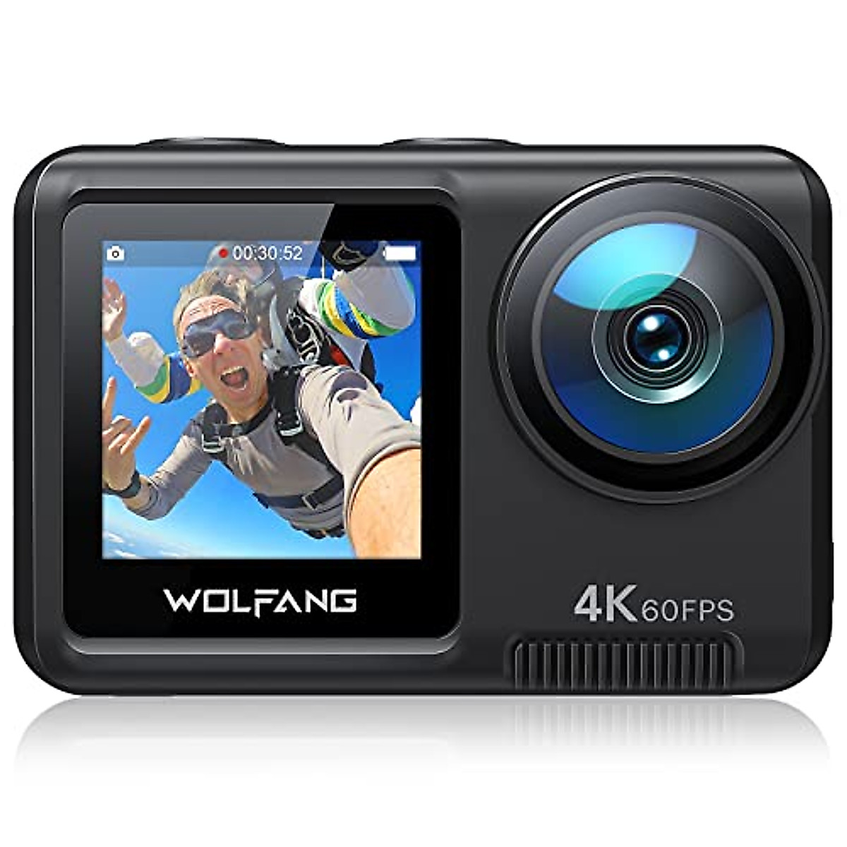 WOLFANG GA420 Action Camera 4K 60FPS 24MP WiFi Waterproof Underwater Camera 3.0 EIS Stabilization 8X Zoom Helmet Camera (External Microphone, Remote Control, 2x1350mAh Batteries and Accessory Kit)