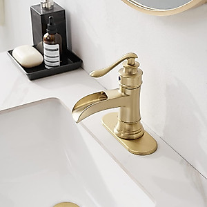 Bathfinesse Gold Bathroom Faucet Waterfall Bathroom Sink Faucets Brass with Pop Up Drain Stopper Single-Handle 1 Hole Faucet