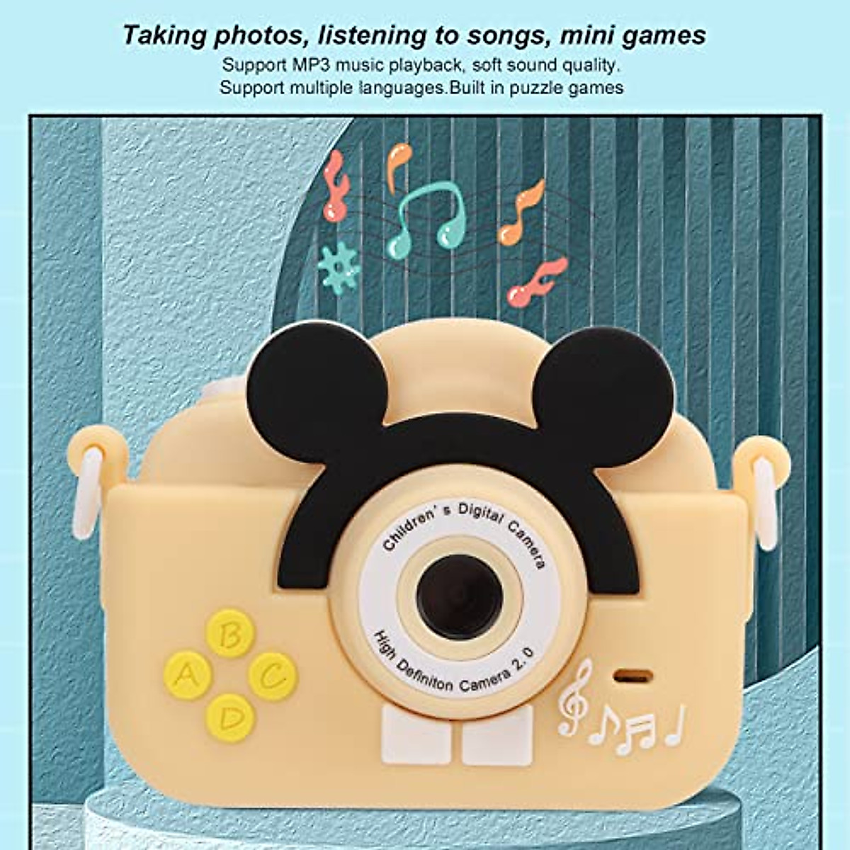 AUHX Kids Cartoon Camera Toy, 2MP Multifunctional 2 Inch Screen High Definition ABS Mini Digital Children Camera for Gifts(Beige)