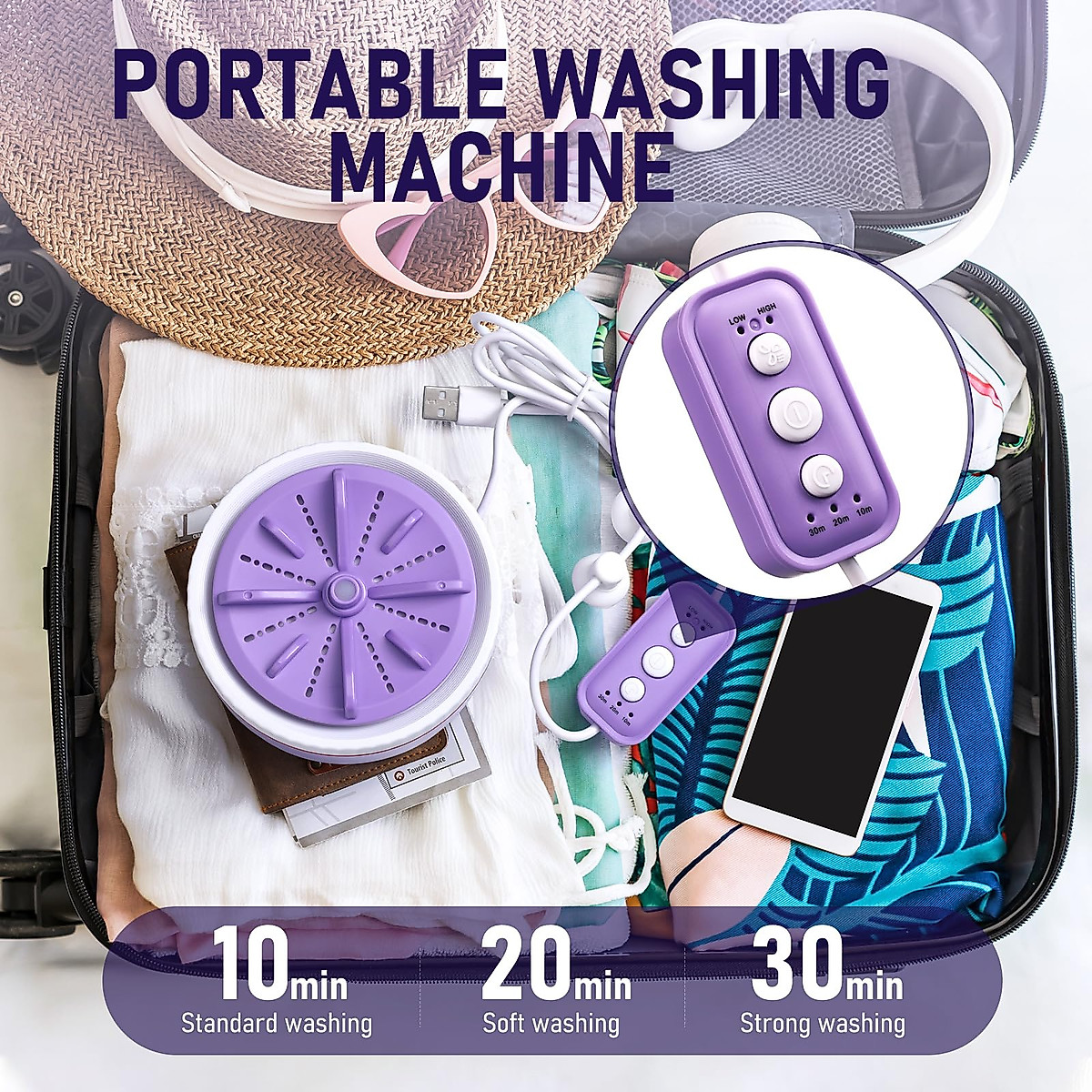 Menkxi Portable Washing Machine Turbine Mini Washing Machine for Travel College Apartment Room RV Washer Machine for Socks Underwear, with Suction Cups, 3 Speed Remote Control