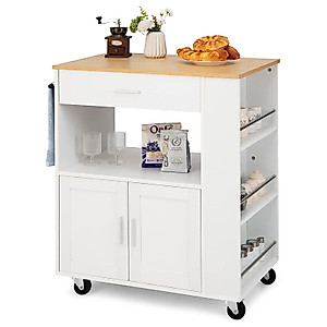 Giantex Kitchen Island on Wheels, Rolling Trolley Cart with 3 Spice Racks, 2-Door Cabinet, Storage Drawer, Open Shelf, Kitchen Serving Cart for Dining Room Bar (White)