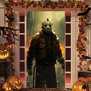 Halloween Decorations Outdoor Scary Halloween Door Cover with Horror Movie Character Killer for Halloween Birthday Decor Halloween Party Supplies Door Banner