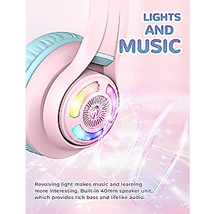 iClever Cat Ear Kids Bluetooth Headphones,LED Light Up On Ear Kids Wireless Headphones with Mic,74/85/94dB Volume Limited,50H Playtime,Bluetooth 5.2,Pink Headphones for iPad/Tablet/PC/Travel,BTH13