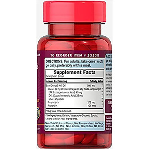 Puritans Pride Red Krill Oil 500 Mg Active Omega Softgels, 30 Count