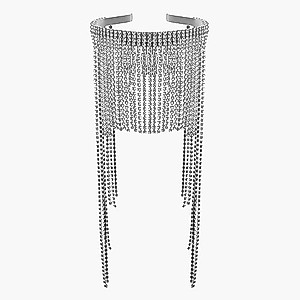 Xerling Rhinestones Tassel Cap Headband 1920s Flapper Fringe Head Chain Bridal Hair Band Silver Crystal Cleopatra Head Jewelry for Women