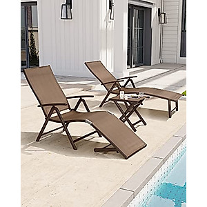 Crestlive Products Folding Patio Chaise Lounge Chair for Outside Aluminum Adjustable Outdoor Pool Recliner Chair, Brown Frame, 8 Positions (2PCS Brown Lounge Chair with 1PC Table)