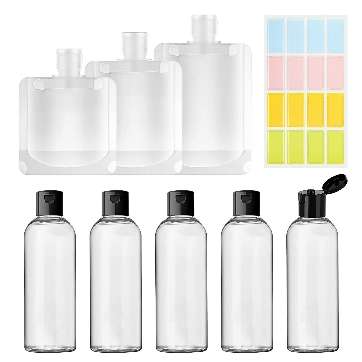 Clear Plastic Empty Squeeze Bottles 5 Pack 3.4oz/100ml Travel Bottles and 3 PCS Refillable Empty Squeeze Pouch TSA Approved Refillable Travel Pouches for Shampoo Conditioner Cosmetics with Lables