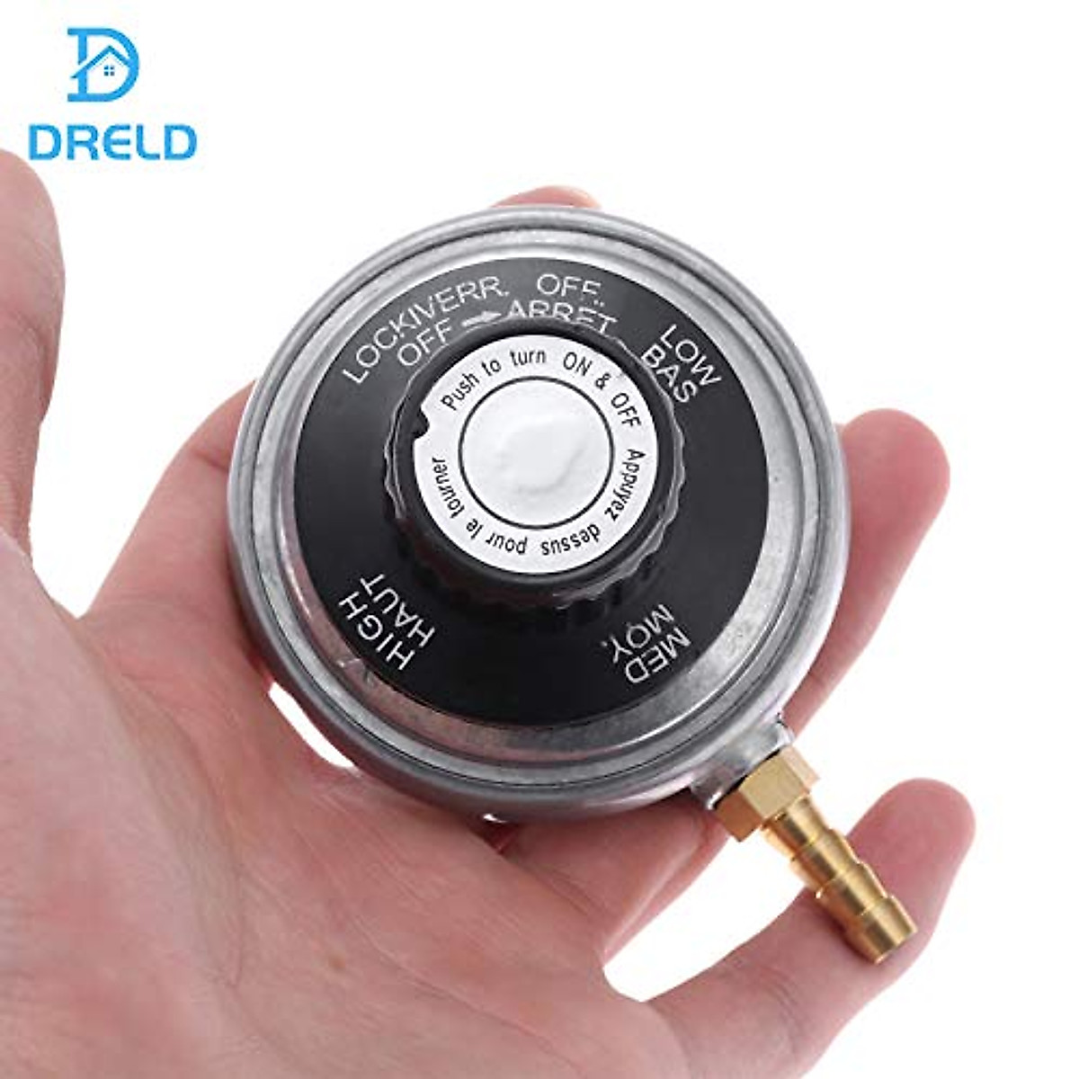 DRELD Low Pressure One Pound Adjustable Propane Tank Gas Regulator Knob, Table Top Control Valve with 1/4" Quick Barb Connection and 1"-20 Female Throwaway Cylinder Thread Inlet
