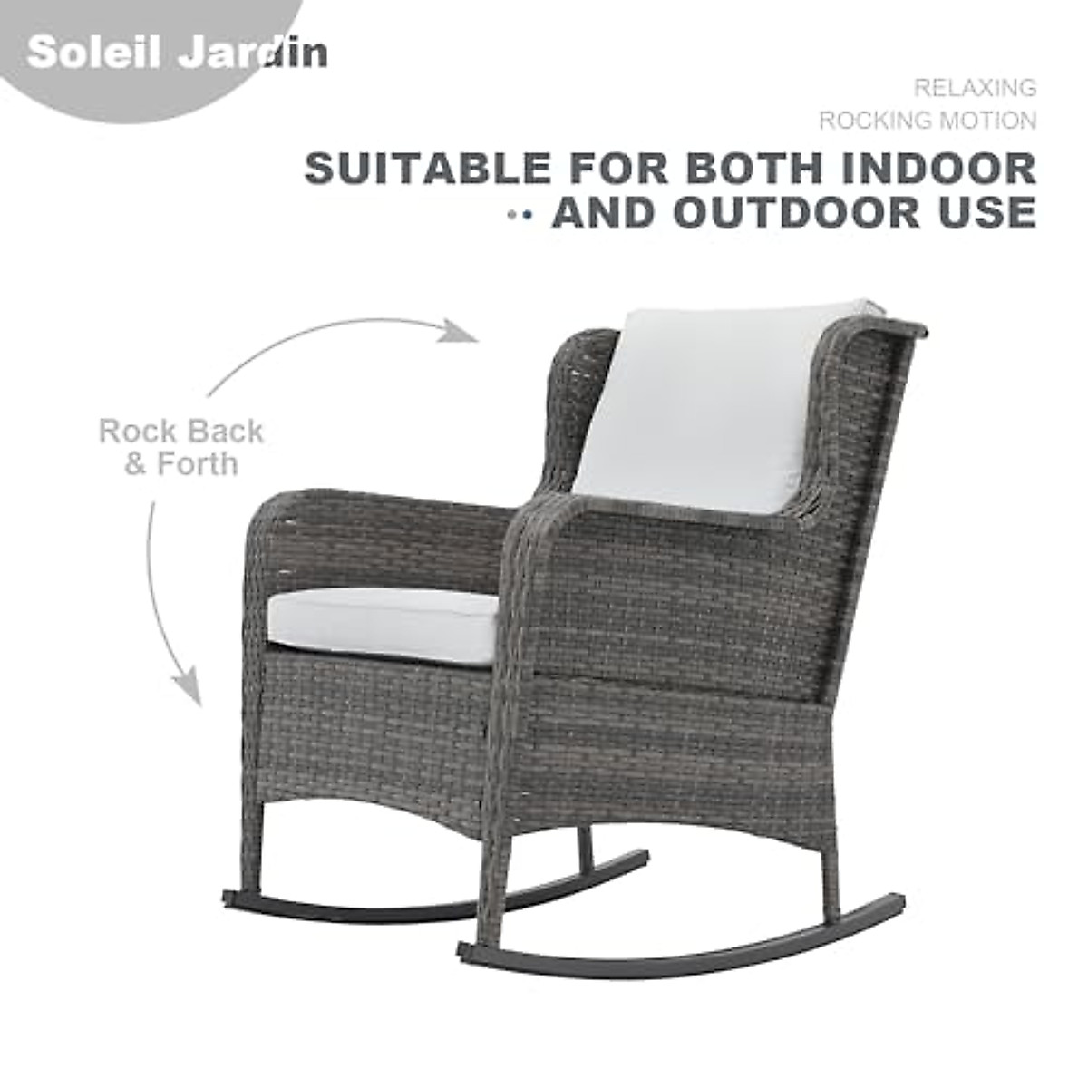 Soleil Jardin Outdoor Resin Wicker Rocking Chair with Cushions, Patio Yard Furniture Club Rocker Chair, Gray Wicker & Light Gray Cushions, Set of 2
