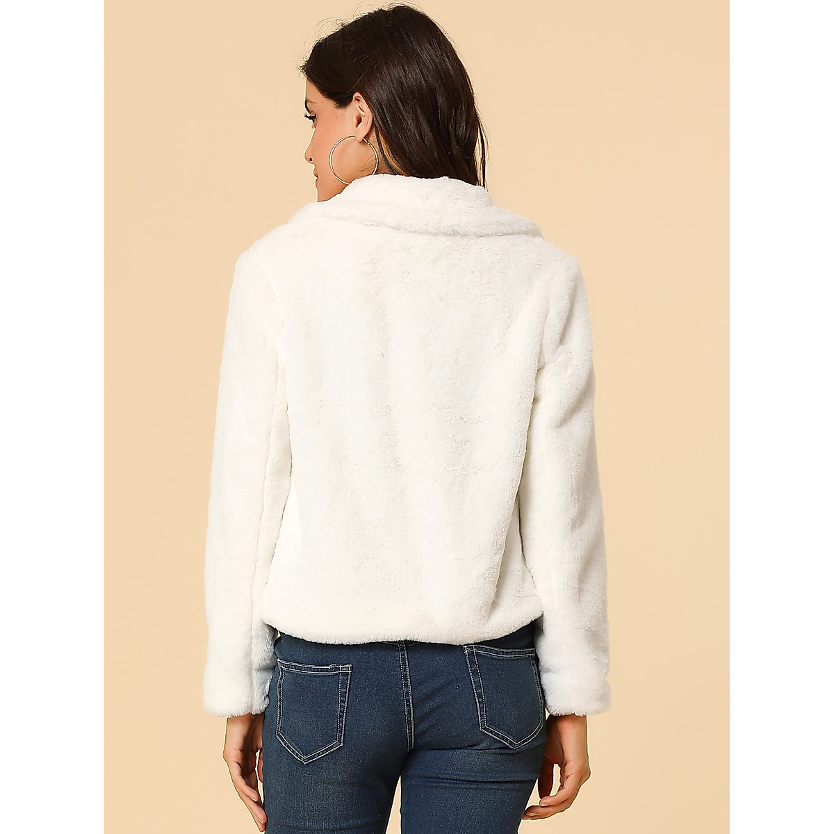 Allegra K Women's Cropped Faux Fur Jacket Lapel Cardigan Shrug 2024 Winter Fluffy Faux Fur Coat Large White