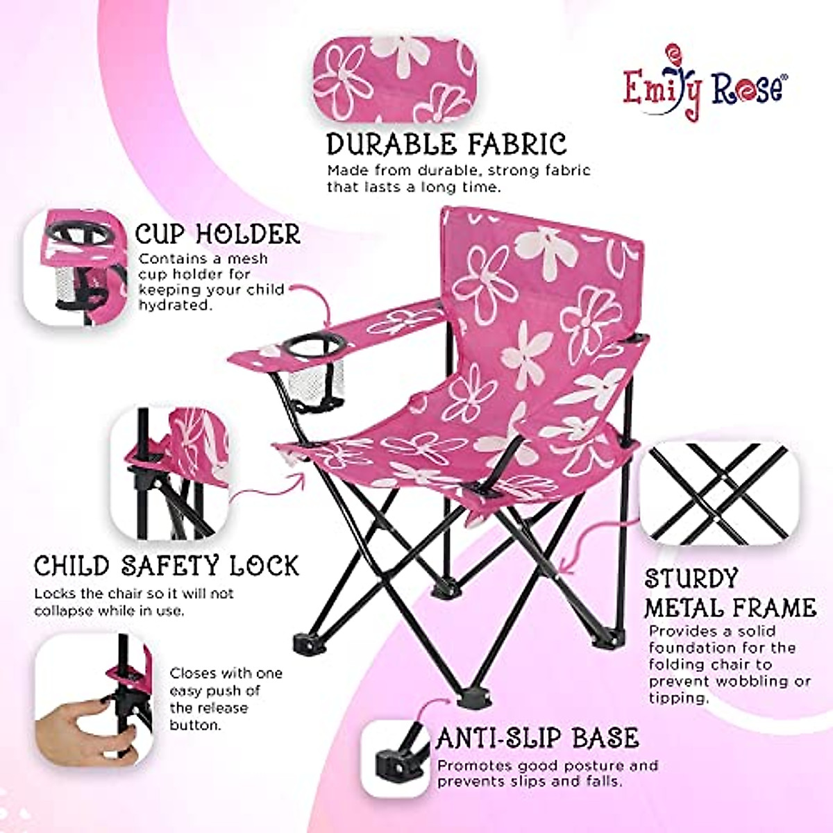 Emily Rose Kids Folding Chair | Pink Kid Beach Chair with Safety Lock- Camping Chair for Girls Toddler with Cup Holder & Carry Case- Tailgate, Travel, Beach, Lawn- for Indoor & Outdoor