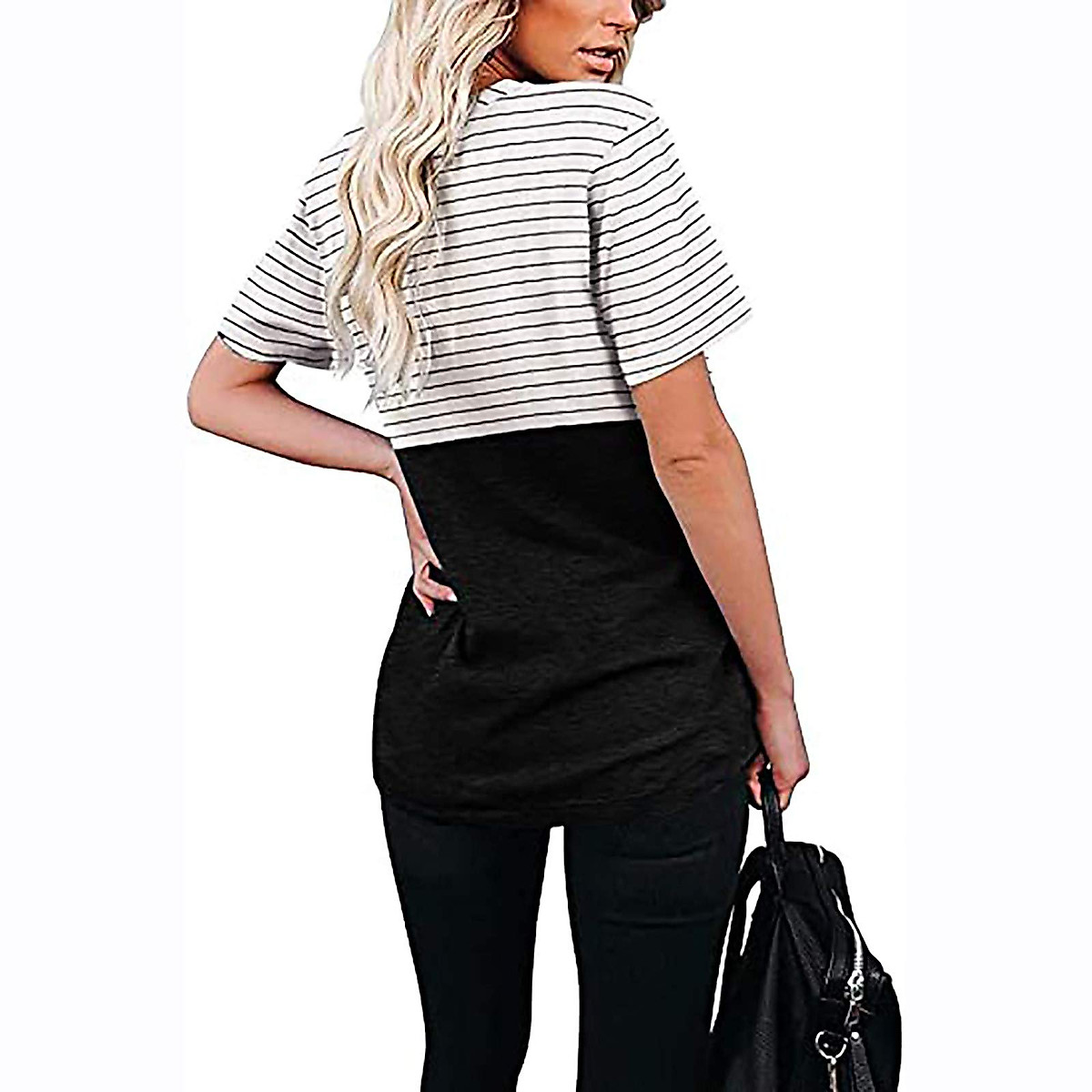 Bravetoshop Women Summer T Shirts Short Sleeve V Neck Pocket Tee Tops Casual Basic Tees Classic Striped Blouse (Black,S)