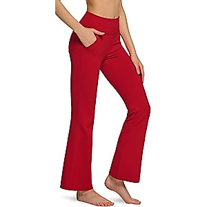 TSLA Womens Bootcut Yoga Pants with Pockets, Tummy Control High Waist Bootleg Yoga Pants, 4 Way Stretch Workout Pants, Bootcut Petite Red, Large