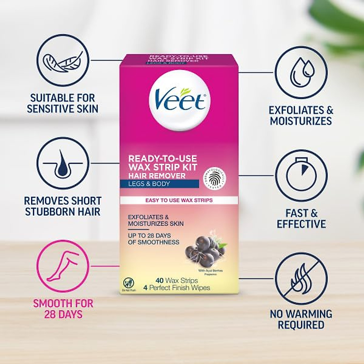 Veet Leg and Body Hair Remover Cold Wax Strips, 40 ct (Pack of 3)