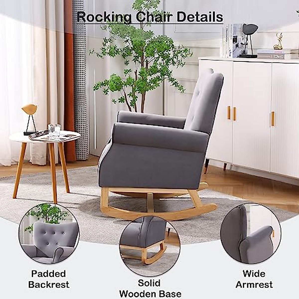 FurniTribe Nursery Rocking Chairs, Upholstered Velvet Nursery Glider Rocker with Comfy Armrest, Accent Nursing Rocking Chair with Solid Wood Legs for Baby Nursery (Gray)