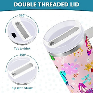 RPLIFE Colorful Butterfly Garden Pink 40oz Tumbler with Handle, Stainless Steel Cups with Lid, Tumbler for Men