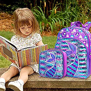 gxtvo 3PCS Mermaid Backpack for Girls, 16" Sequin Prechool Elementary Bookbag and Lunch Box