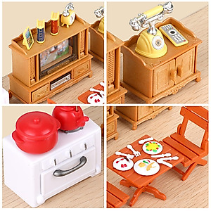 26pcs Miniature Dollhouse Furniture, 1:12 Doll House Furniture Table Chair TV Cabinet Set, Kitchen Pretend Play Toys with Cooktop Kettle, Mini Dollhouse Accessories for Birthday Christmas Party Gift