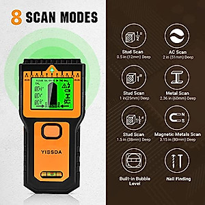 YISSDA Stud Finder Wall Scanner, Upgraded 8 in 1 Magnetic Stud Sensor Wall Detector, with Bubble Level, Nail Beam Finders Center and Edge for Wood AC Wire Metal Studs Joist Pipe, with HD LCD Screen