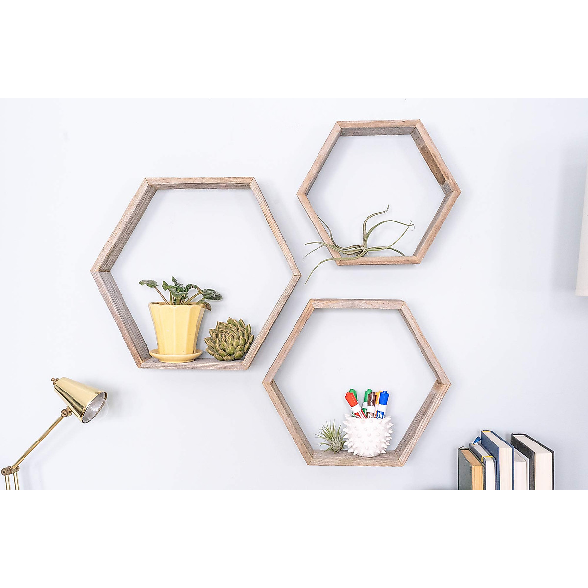 BarnwoodUSA Hexagon Floating Shelves Set of 3 | Rustic Farmhouse Reclaimed Wood Honeycomb Shelves | Wall Hanging Octagon Shelves | Naturally Weathered Gray