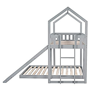 GLORHOME Twin Over Full House Bunk Bed， Detachable to Floor Bedframe and A Loftbed, with Slide, Built-in Ladder,Full-Length Guardrail for Kids Adults,Roof can be Decorated