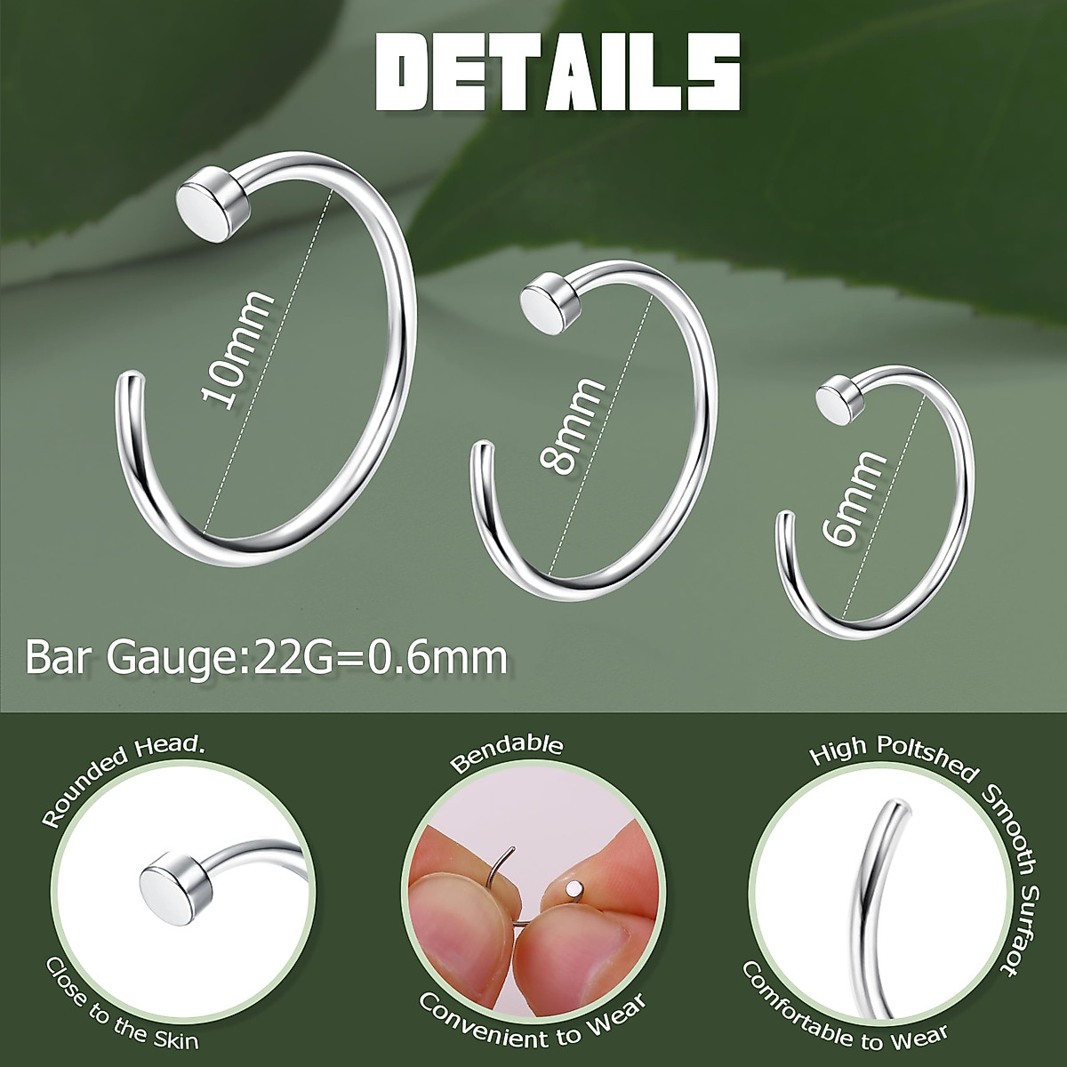 MILACOLATO 18pcs 22G 316L Surgical Steel C-shape Nose Hoop for Men Women Flat Disc Thin Nose Ring Cartilage Tragus Ear Piercing Set Colorful
