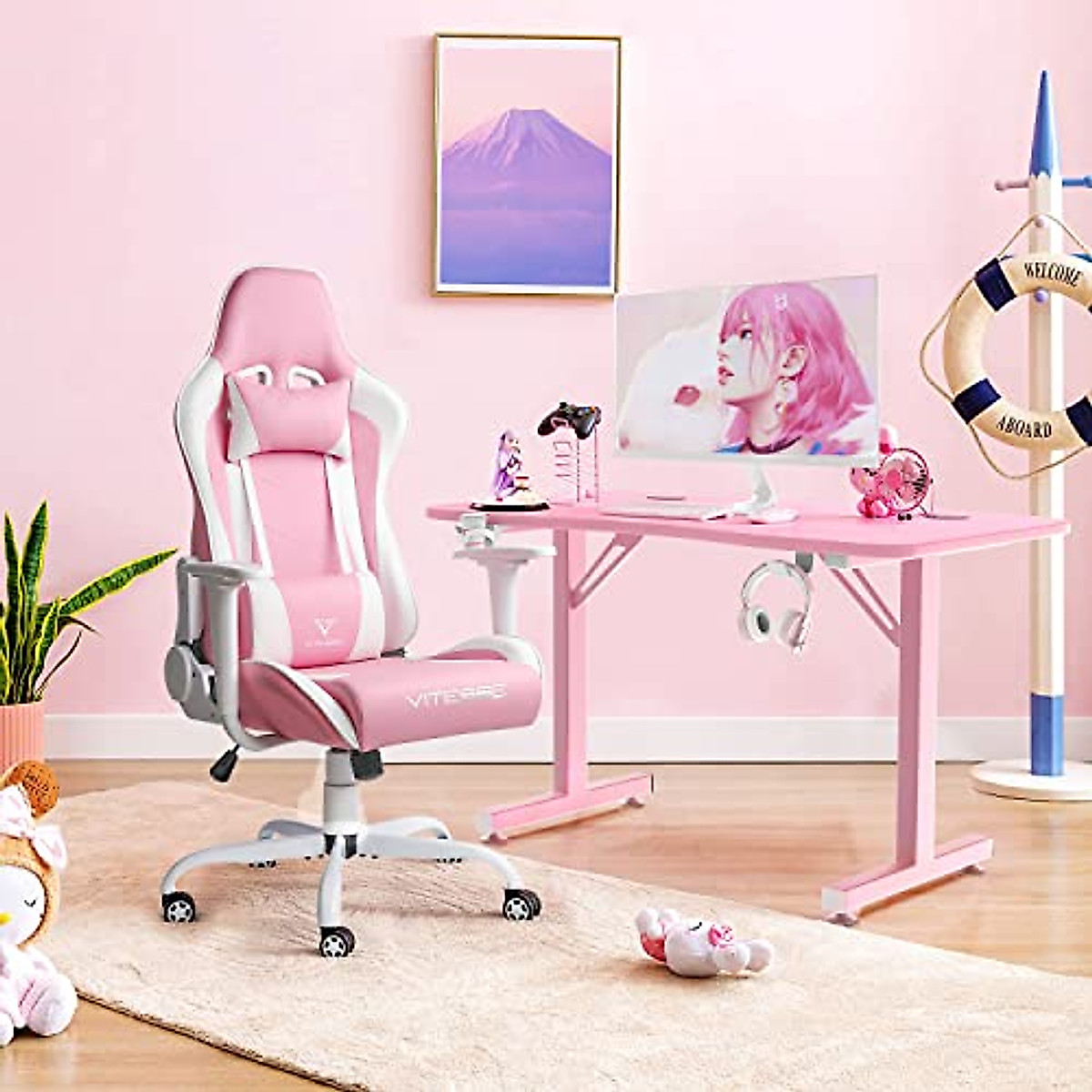Vitesse Pink 40 Inch Cute Kawaii Computer Gaming Table T Shaped Girl Gamer Workstation Home Office Desk with Carbon Fiber Surface and Headphone Hook