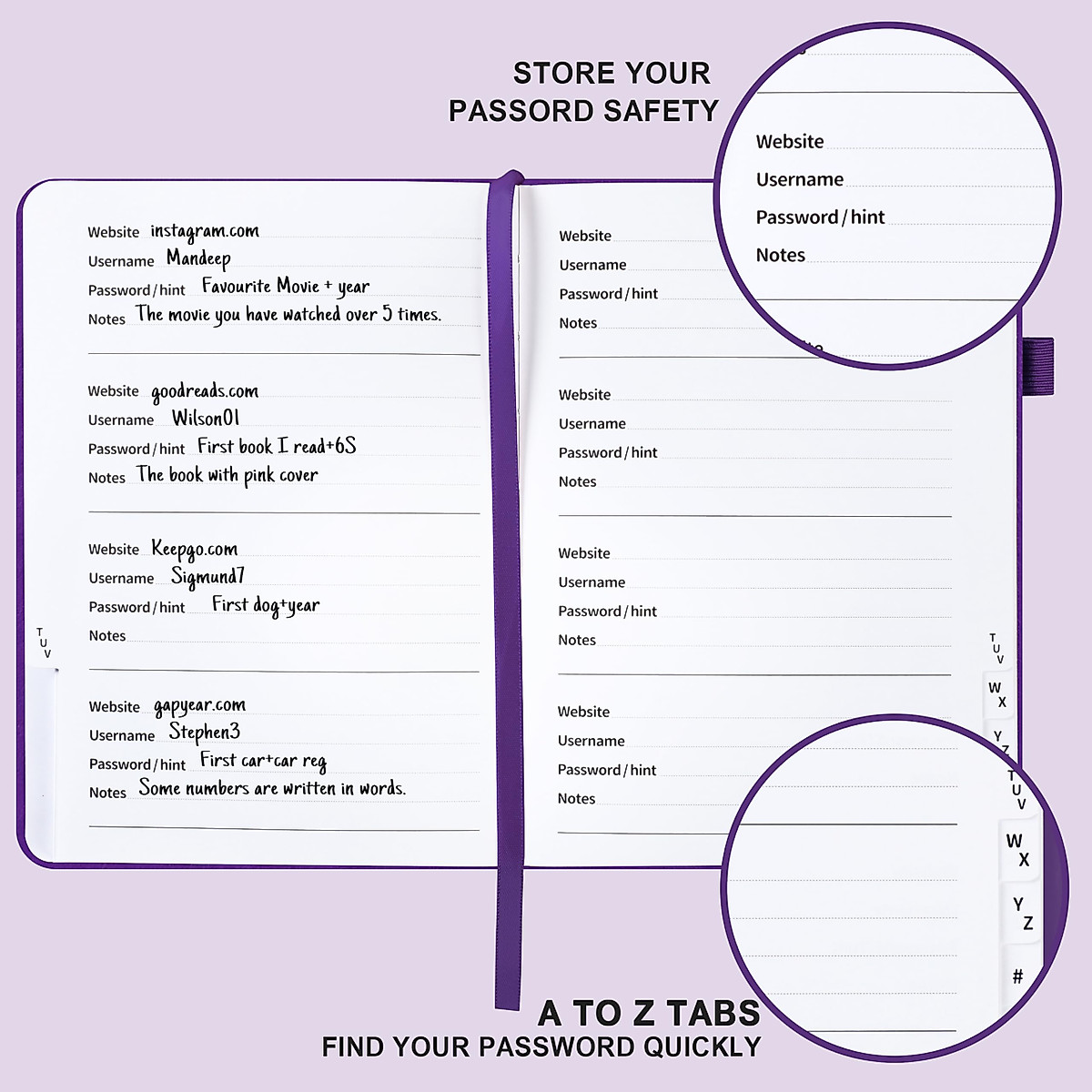 Password Book - Hardcover Password Book with Alphabetical Tabs for Internet Website Address Login, Pocket Size Password Keeper, 5.0" x 6.8", Password Organizer for Home Office Desk Use - Purple