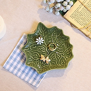 LZBALUYO Jewelry Dish Trinket Tray for Women, Ring Dish Holder, Unique Leaf Shape Ceramic Plate Cute Things Vanity Aesthetic Room Decor Mother's Day Birthday Christmas Warm House Gifts (Green)