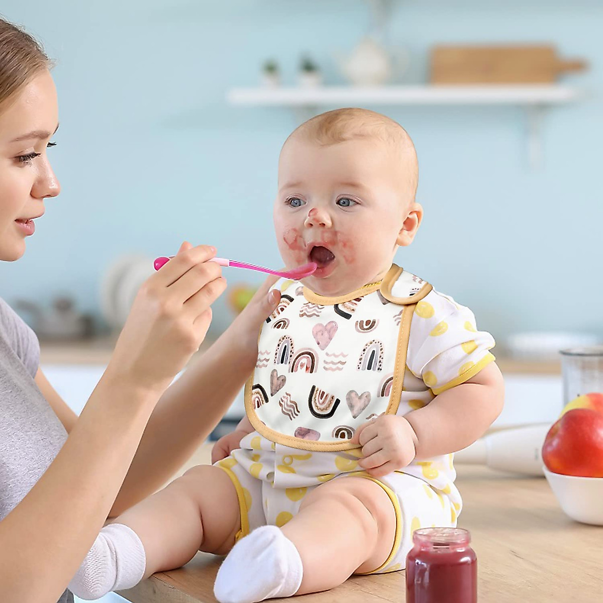 2ooya 7Pcs Cotton Waterproof Baby Bibs Adjustable Hook Loop Closure Baby Bib with Rainbow Pattern Unisex Newborn Baby Food Bib for Drooling Feeding Eating Teething Keepsake Gift for Baby, 6-12 Months