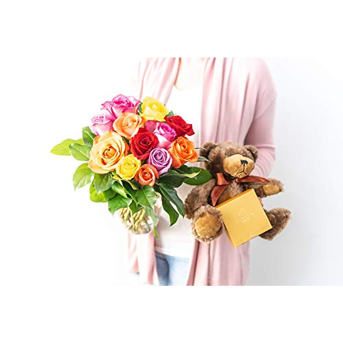 From You Flowers - One Dozen Rainbow Roses with Chocolates & Bear with Free Vase (Fresh Flowers)