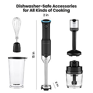 CHEFMAN Cordless Portable Immersion Blender 5-in-1 Blender Set, Ice Crushing Power with One-Touch Speed Control, Comes with Potato Masher, Whisk, Chopper, Beaker, and Storage Case, Stainless Steel
