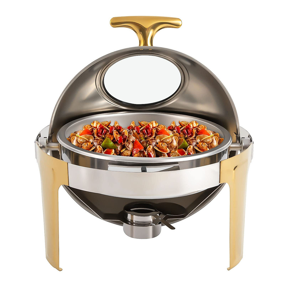 Roll Top Chafing Dish Buffet Set,Round Chafing Dish Buffet Set, Stainless Steel Buffet Warmer Chafers and Buffet Warmers Sets with Lid for Entertaining & Catering (6 L/6.3qt Gold)