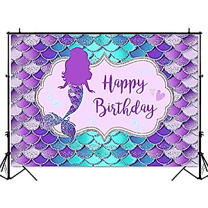 Mocsicka Mermaid Birthday Backdrop Under The Sea Birthday Party Decoration for Girl Blue Purple Scales Photography Background (7x5ft (82x60 inch))
