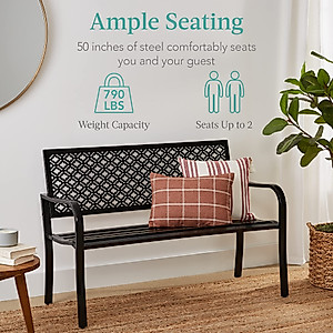 Best Choice Products Outdoor Bench 2-Person Metal Steel Benches Furniture for Garden, Patio, Porch, Entryway w/Geometric Backrest, 790lb Capacity – Black