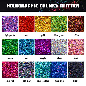 HTVRONT Holographic Chunky Glitter for Resin - 15 Colors Holographic Glitter for Resin, 150g/5.3oz Craft Glitter Set, Chunky Glitter for Tumblers, Craft, Body, Face, Nails