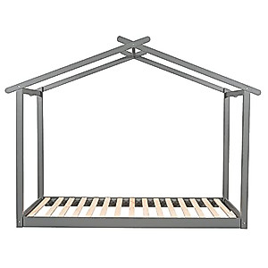 DHHU Wooden Bed Frame, Twin XL/King Size House Platform Bed with Trundle, Roof Design for Adults, Kids, No Spring Box Required, Bedroom Furniture, Gray