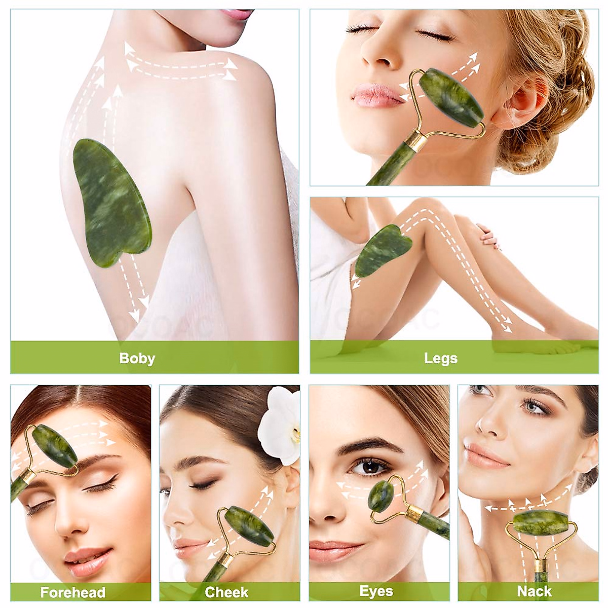 fuvooi Jade Gua Sha Facial Massager Set - 5 in 1 Skin Care Tools With Roller and Massager