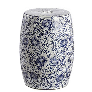 JONATHAN Y TBL1009A Lotus Blossom 17.5" Chinoiserie Ceramic Drum Garden Stool Bohemian, Coastal, Classic, Cottage, French Country, Traditional, Transitional, Bathroom, Garden Room, Patio, Blue/White