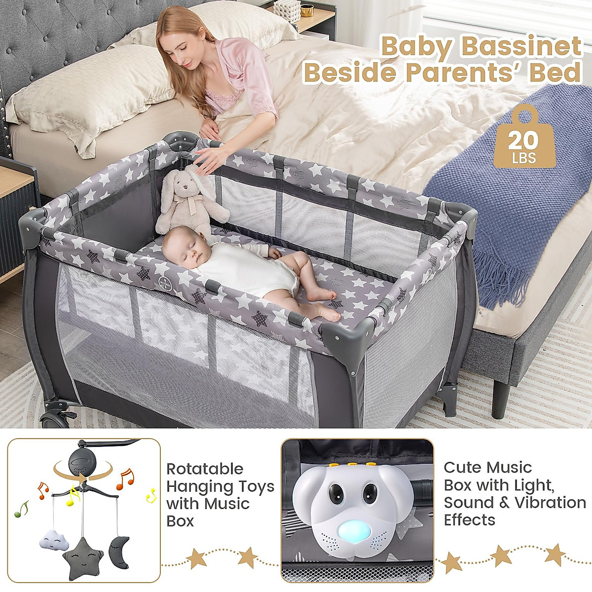 Costzon 3 in 1 Pack and Play with Bassinet, Portable Baby Playard with Changing Table, Bassinet, Music Box, Whirling Toys, Wheels/Brake, Large Basket, Bag, Foldable Travel Crib for Indoor Outdoor