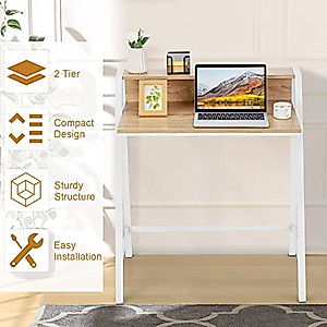 Tangkula Small Computer Desk, Compact Home Office Desk with Sturdy Frame, 2 Tier Study Writing Table for Small Place Apartment Office, Desk for Bedroom, Kid’s Desk