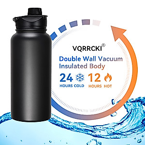 VQRRCKI 32 oz Insulated Water Bottle Bulk 4 Pack, Stainless Steel Sports Water Bottles with Straw Lid & Wide Mouth Lids, Double Walled Vacuum, Leak Proof, Black
