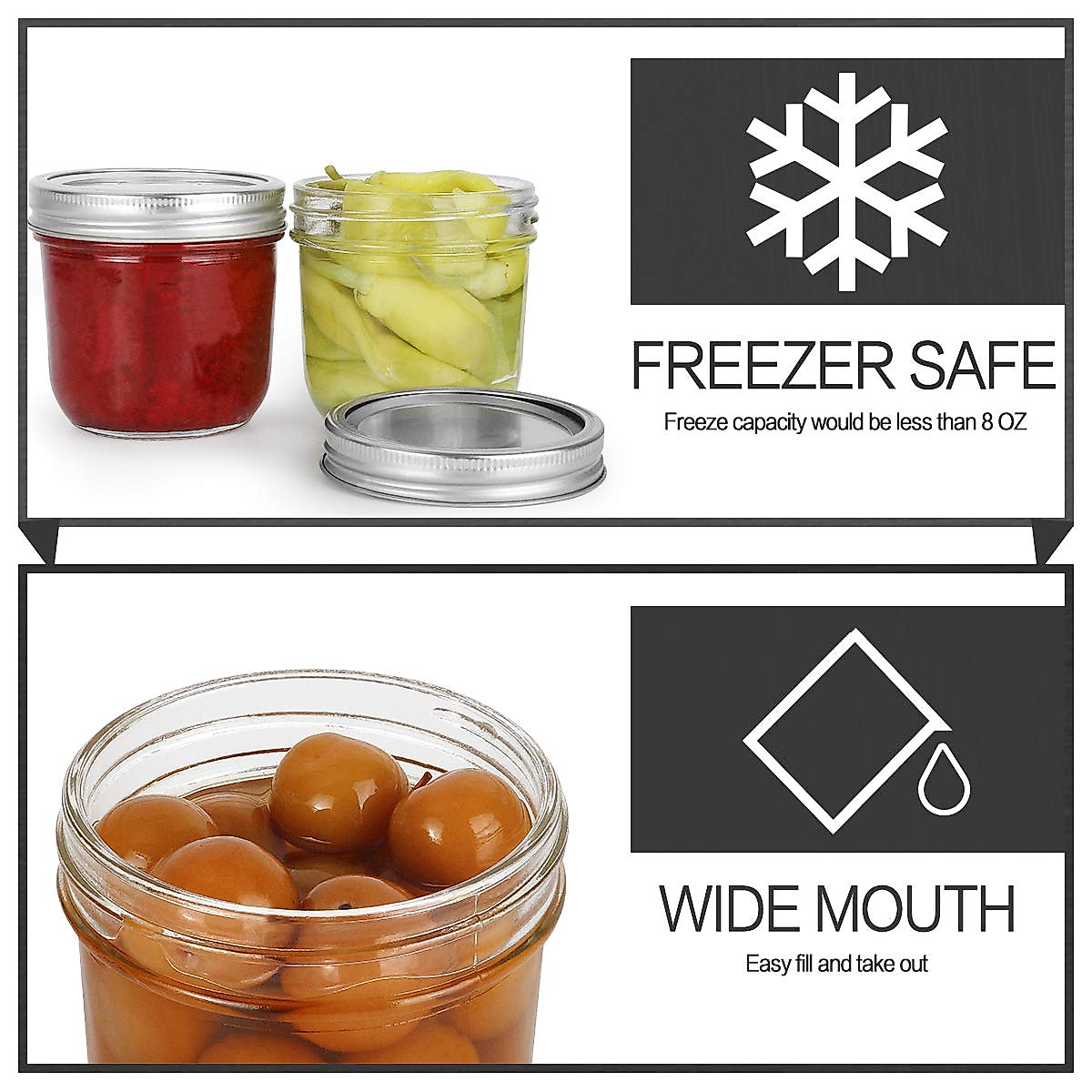 KAMOTA Wide Mouth Mason Jars 8 oz, 8oz Mason Jars Canning Jars Jelly Jars With Wide Mouth Lids and Bands, Ideal for Jam, Honey, Wedding Favors, Shower Favors, 12 PACK