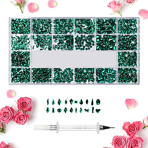 Nail Art Rhinestones, 1000 Special-Shaped Diamonds Mix 20 Styles Flatback Rhinestone Crystals Decorations Green Gemstones Set, Nail Gems and Rhinestones Kit for Nails, Crafts, Clothes, Jewelry