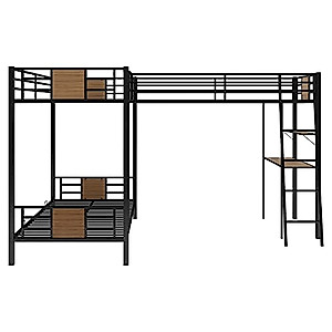 TARTOP L-Shaped Twin Over Twin&Twin Triple Bunk Bed with Desk and Shelf, Metal Bunkbed Linked with a Loftbed for 3 People, Kids Teens Bedroom, Brown