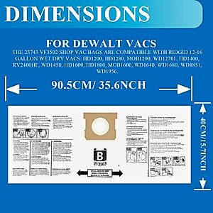 12 Pack VF3503 VF2004 Size B Filter Bags Compatible with Ridgid 6-9 Gallons Wet/Dry Vacuums WD5000, WD5500, WD0970, WD0975, WD0670