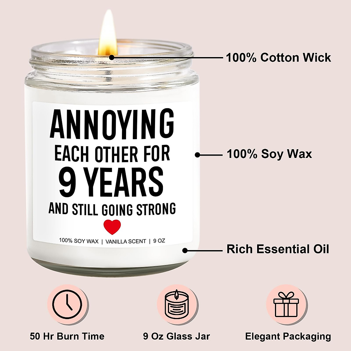 Younift 9 Years Candle, 9 Year Anniversary, Gifts for Him, Her, 9th Anniversary, Gifts for Husband, Wife, 9th Wedding Anniversary, Gifts for Couple, Funny Gifts, Pottery Anniversary