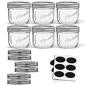 8 Oz Mason Jars With Lids, Labels and Measures! 6-Pack Wide Mouth Glass Jar with Lid and Band. Airtight Canning Jars, Overnight Oats Jars, Salad Jars, Sourdough Starter Jar