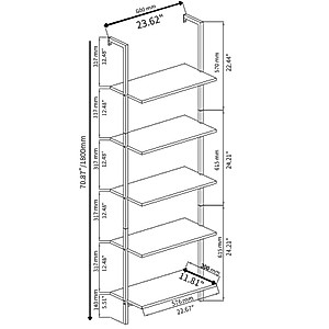 Karl home Ladder Shelf 5 Tier Wall Mounted Bookcase with Metal Frame, Open Design Shelves for Living Room, Bedroom, Home, Dark Walnut (23.62" L x 11.81" W x 70.87" H)